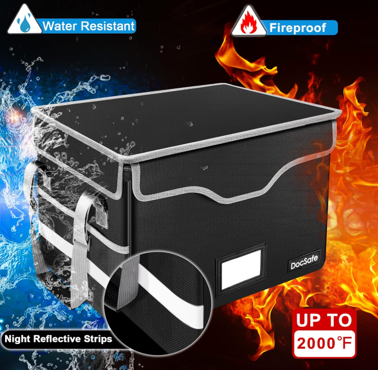 Fireproof Document Box with Lock File Storage Organizer Mesh Pockets ...