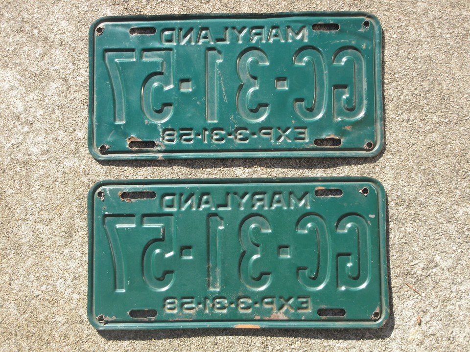 1958 Maryland Green White License Plate Pair GC 3157 MD Ford Chevrolet ...