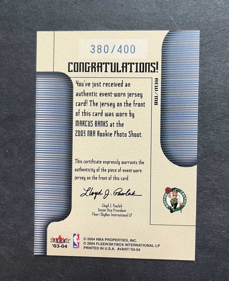 2003-04 Fleer Avant Materials Blue MB1 Marcus Banks /400 Event Worn ...