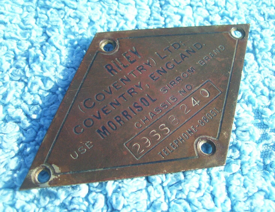 VINTAGE 1930s RILEY CAR CHASSIS PLATE/BADGE ~ PRE WAR 29SS8 240 3 SEAT ...