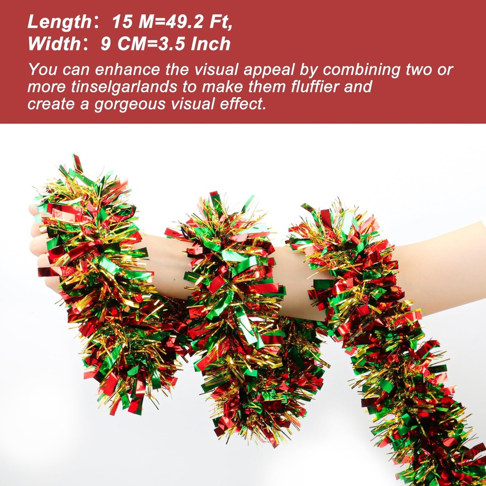 50 Ft Green Red Gold Christmas Tinsel Garland Metallic Twist Shiny ...