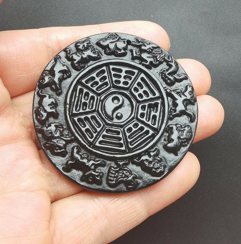 Chinese Zodiac circle natural black jade stone pendant,amulet rope ...
