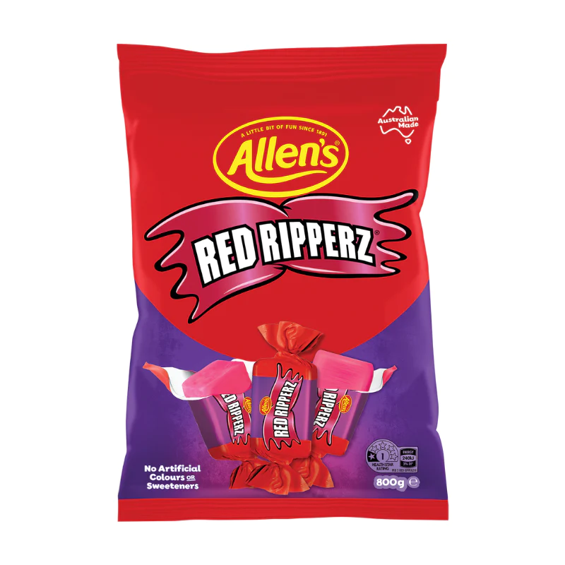 800g ALLENS RED RIPPERZ RASPBERRY CHEWS BULK LOLLIES CHEWY CANDY SWEETS ...