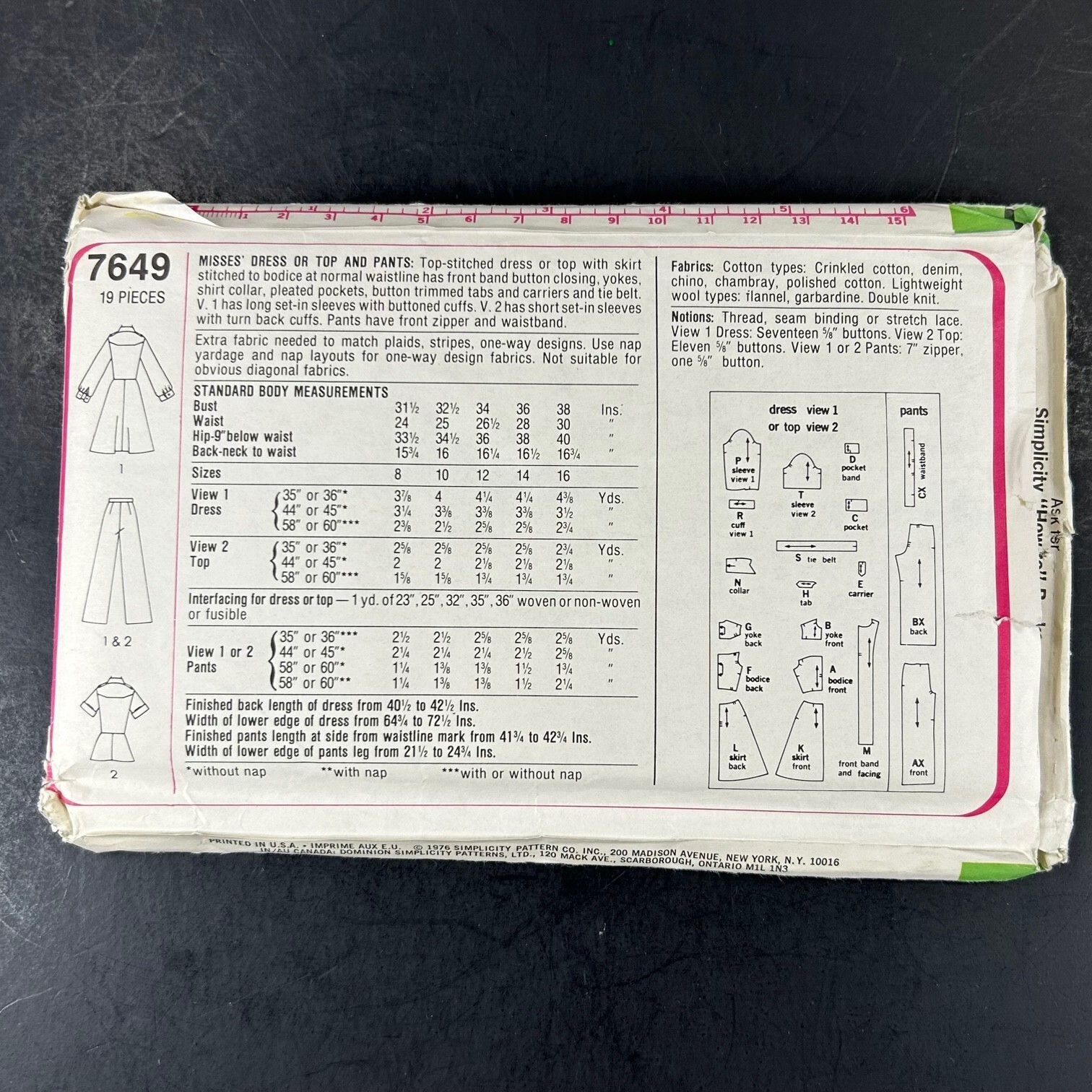 Simplicity 7649 Misses Dress Top Pants c. 1976 Uncut Size 12 | eBay