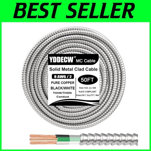 50ft 8/2 Metal Clad MC Cable - Heavy Duty Bare Copper Wire for Outdoor ...