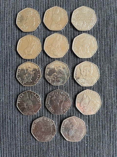 Beatrix Potter 50p coins inc. Peter Rabbit and Friends all circulated ...