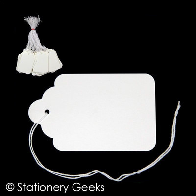 100 White Strung Tickets 80 x 50 mm Price Tags String Swing Labels 80mm ...