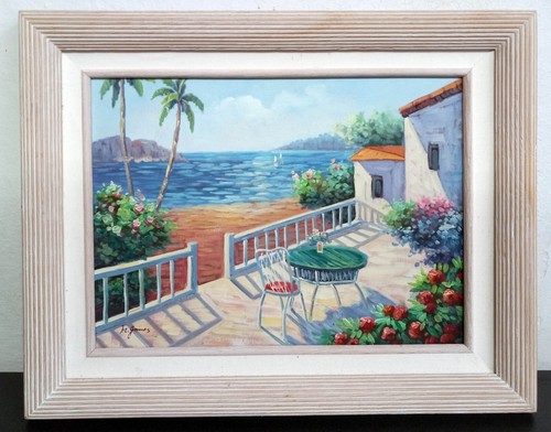 Framed Oil painting seascape/landscape on stretched canvas "M. James ...