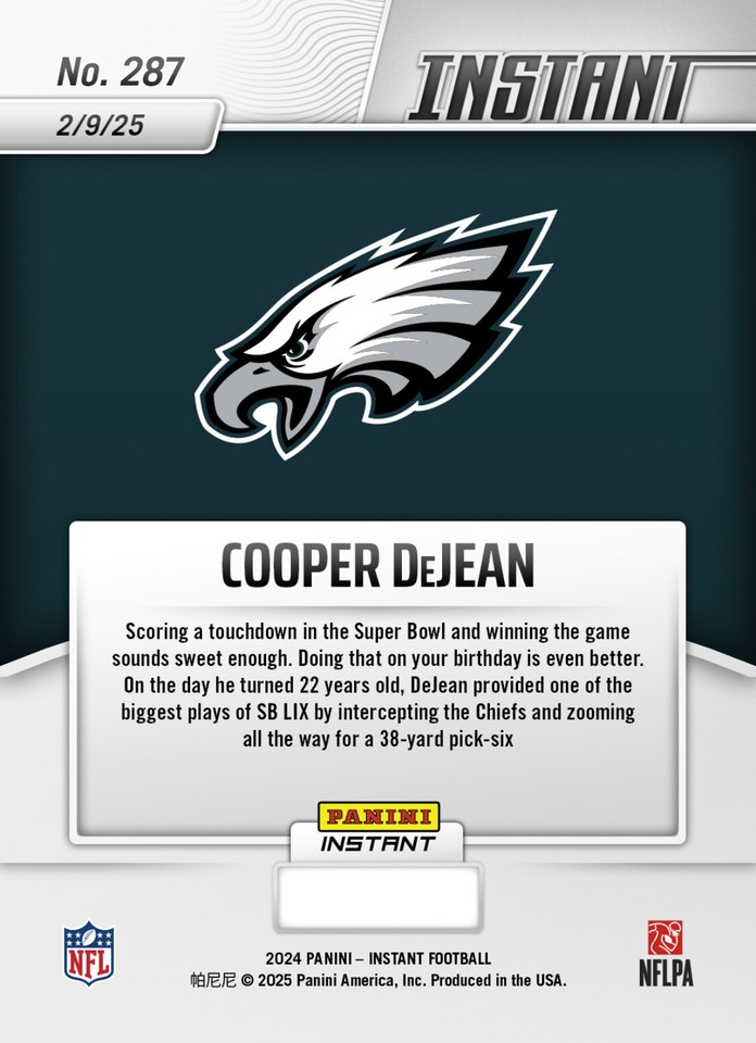 Cooper DeJean 2024 Panini Instant #287 Birthday Pick-6 SB RC Eagles IN ...