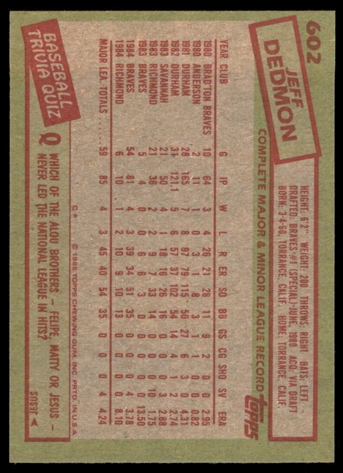 1985 Topps Jeff Dedmon Baseball Cards #602 | eBay