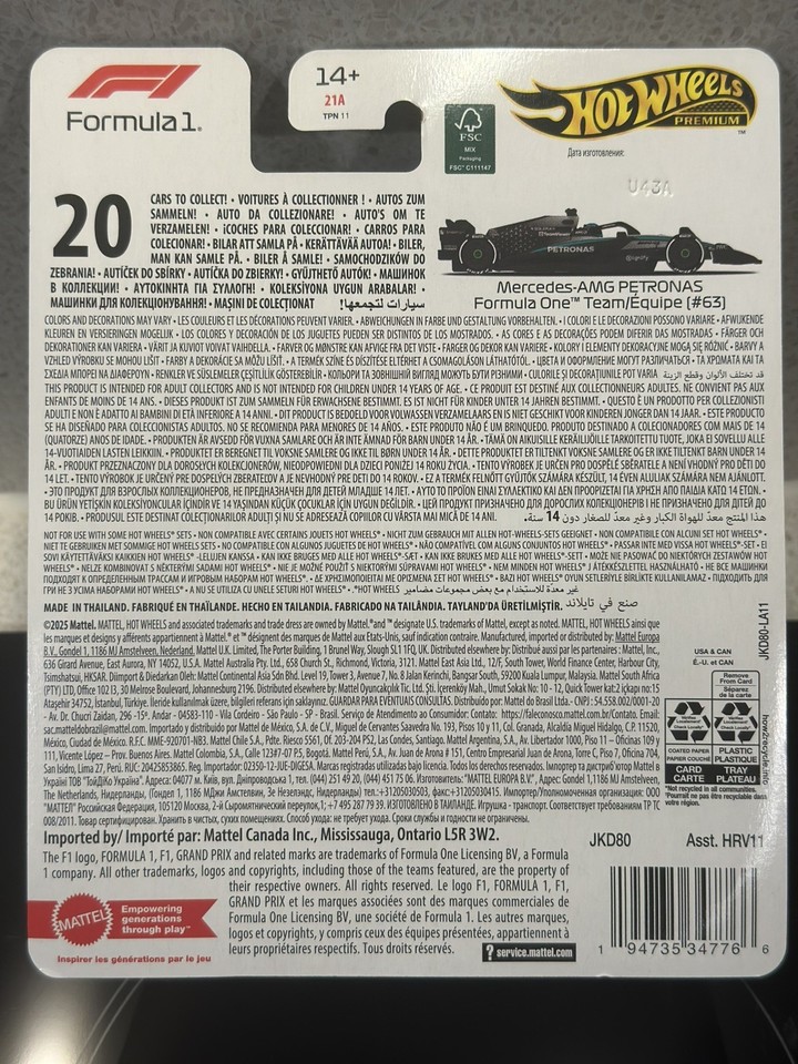 Hot Wheels 2025 F1 Mercedes-AMG Petronas Formula One Team #63 George ...