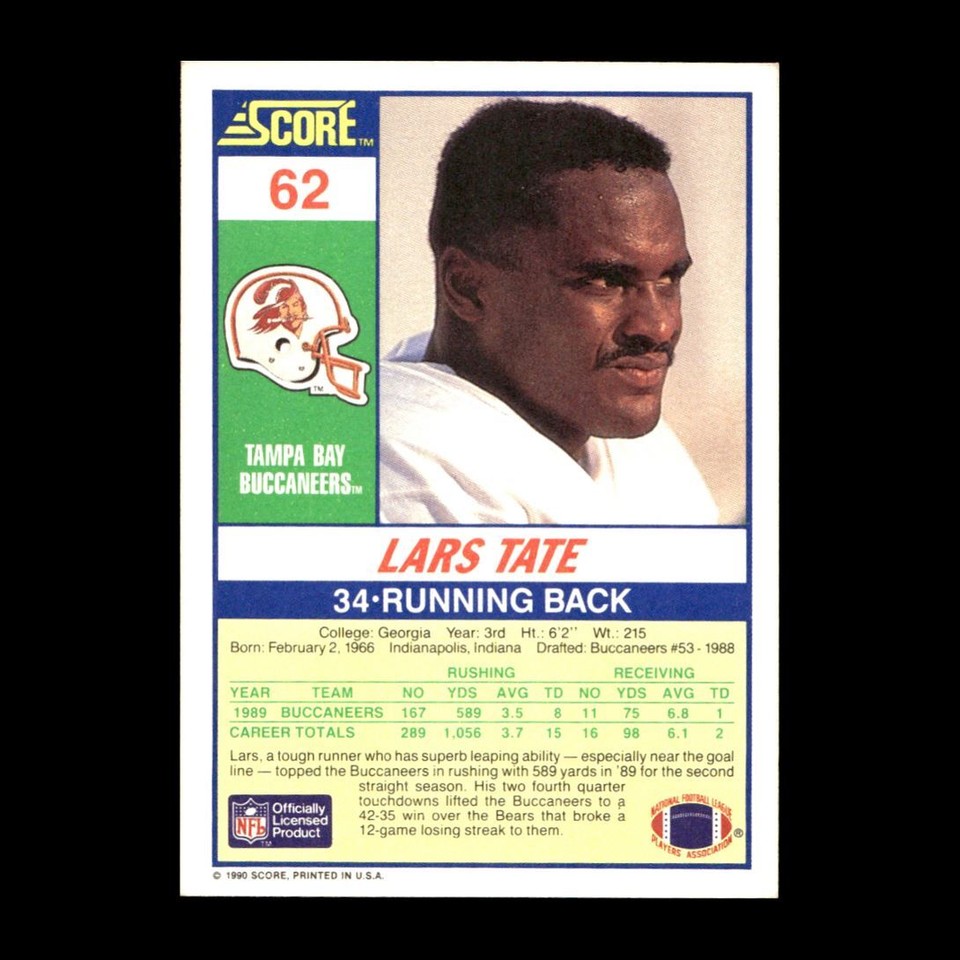 Lars Tate 1990 Score Tampa Bay Buccaneers #62 Set Break GM | eBay