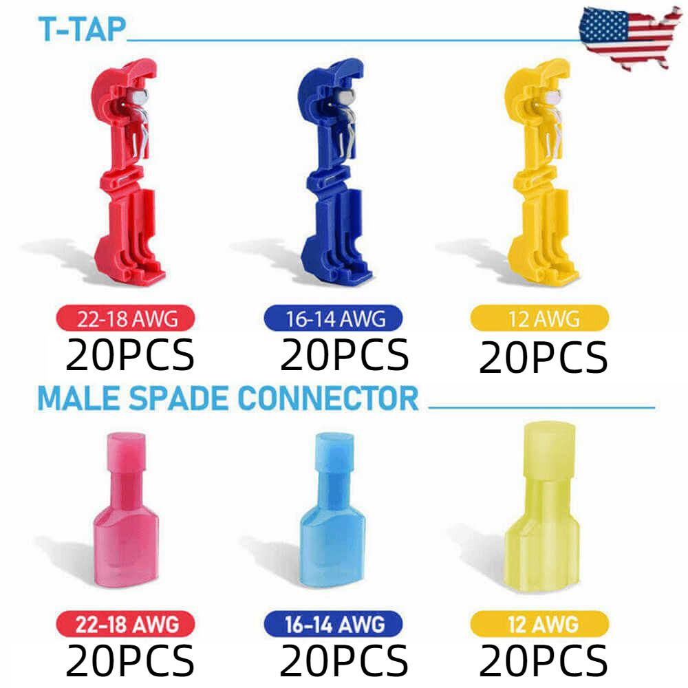 120Pcs T-Tap Splice Wire Connector Insulated Spade Electrical Crimp ...