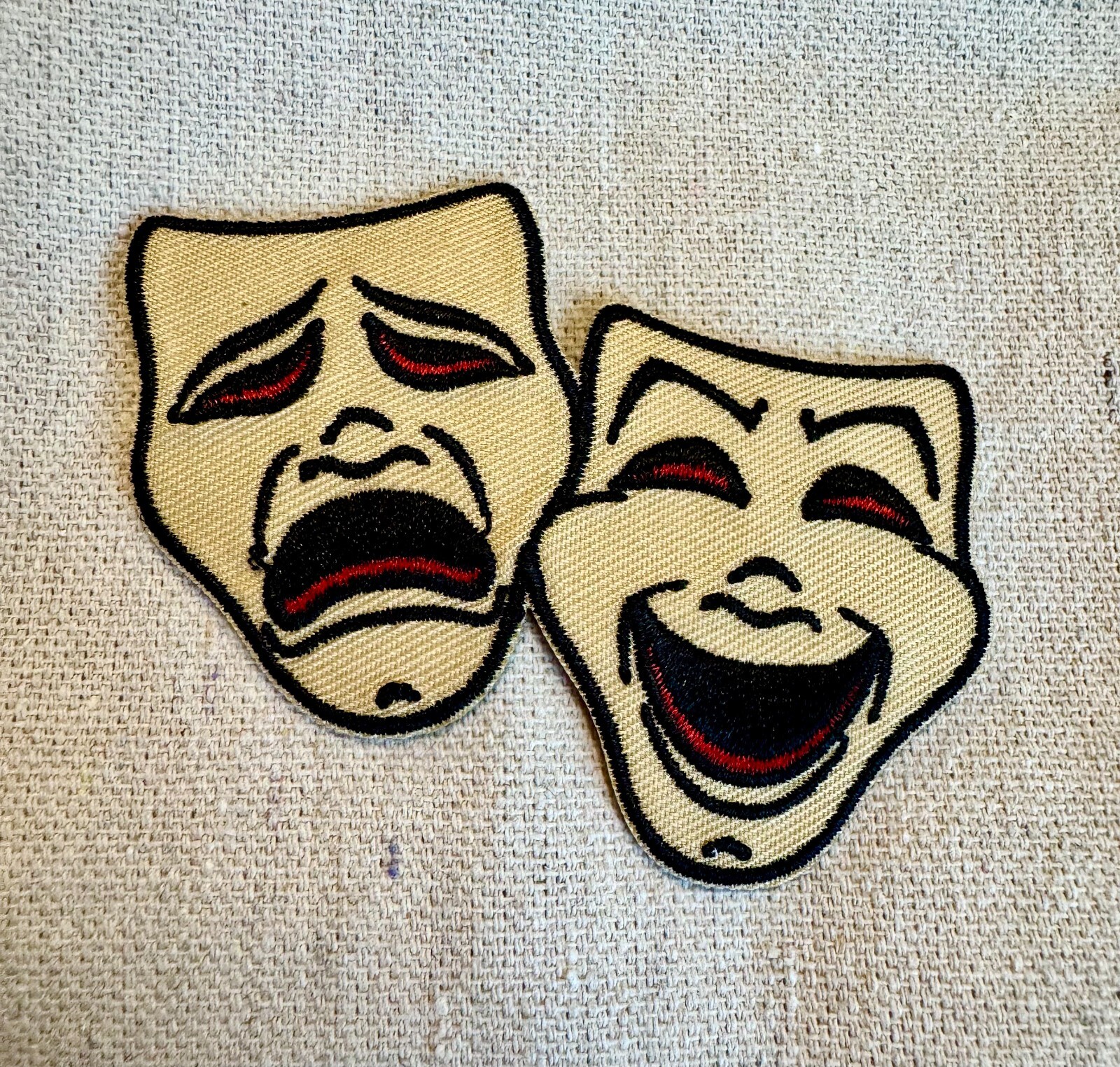 COMEDY TRAGEDY MASKS iron-on PATCH new EMBROIDERED DRAMA THEATRE ACTING ...