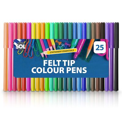 25 Felt Tip Pens Set Fine Fibre Drawing Markers Colouring Art School ...