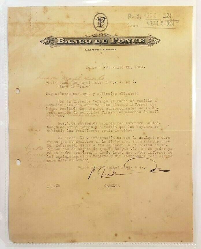 ANTIQUE COMMERCIAL LETTER / BANCO DE PONCE / PONCE PUERTO RICO 1924 #3 ...