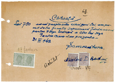 Romania, 1943, Vintage Receipt - Revenue / Fiscal Stamps / Cinderellas ...