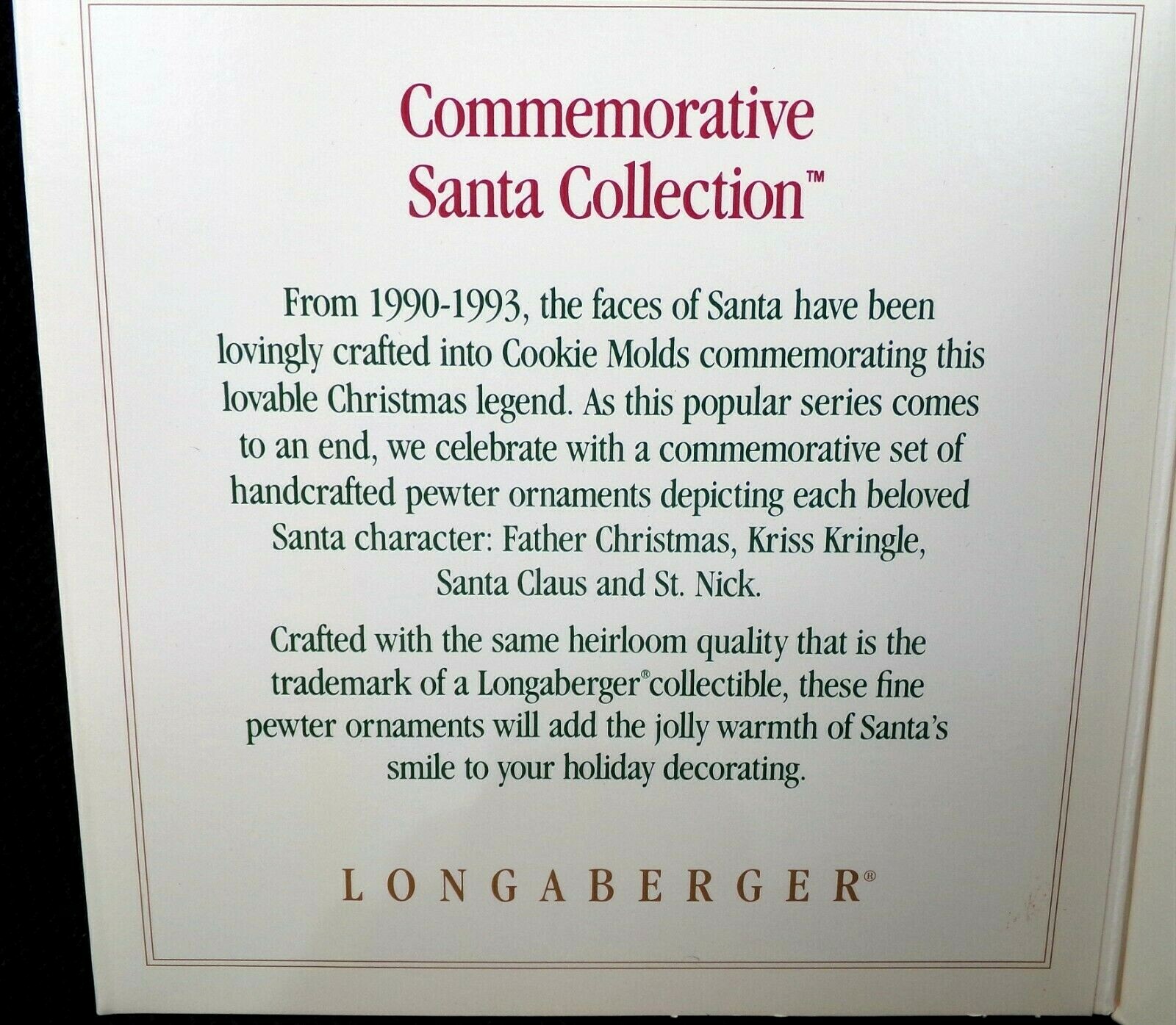 LONGABERGER SANTA COLLECTION ORNAMENTS Set of 4 Christmas Pewter 1990 ...
