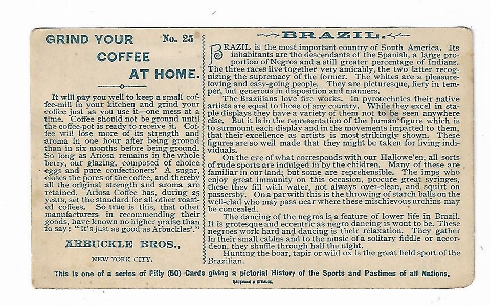 1893 Trade Card Arbuckle Brothers Coffee New York BRAZIL Sports ...