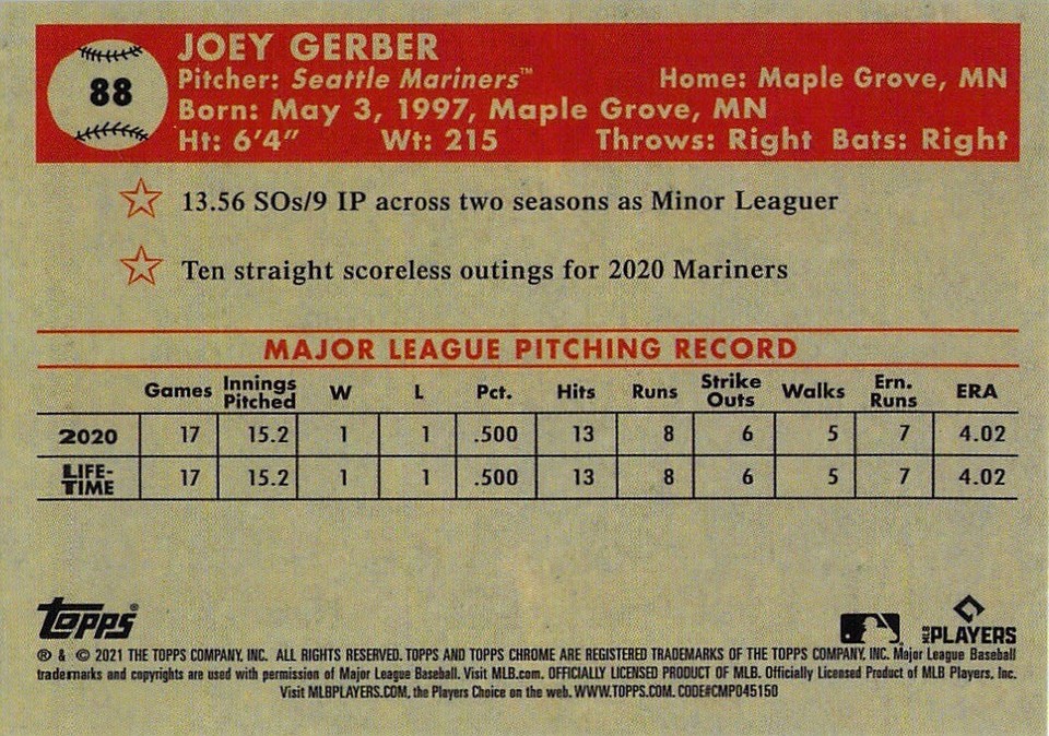 Joey Gerber RC 2021 Topps Chrome Platinum Anniversary Baseball Rookie ...