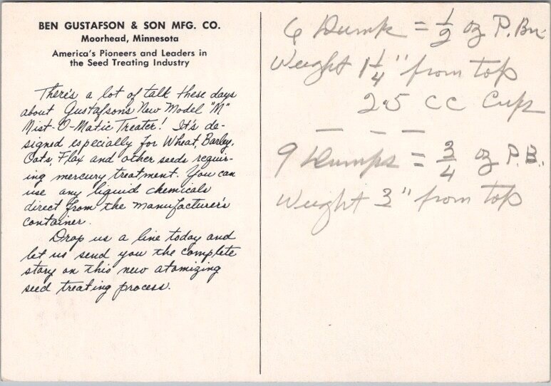 MOORHEAD, Minnesota Advertising Postcard BEN GUSTAFSON & SON MFG. Mist ...