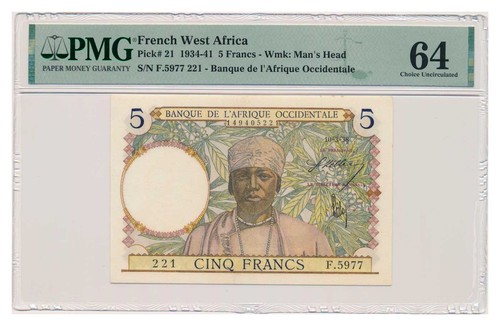 FRENCH WEST AFRICA banknote 5 Francs 10.3.1938 PMG MS 64 Choice ...