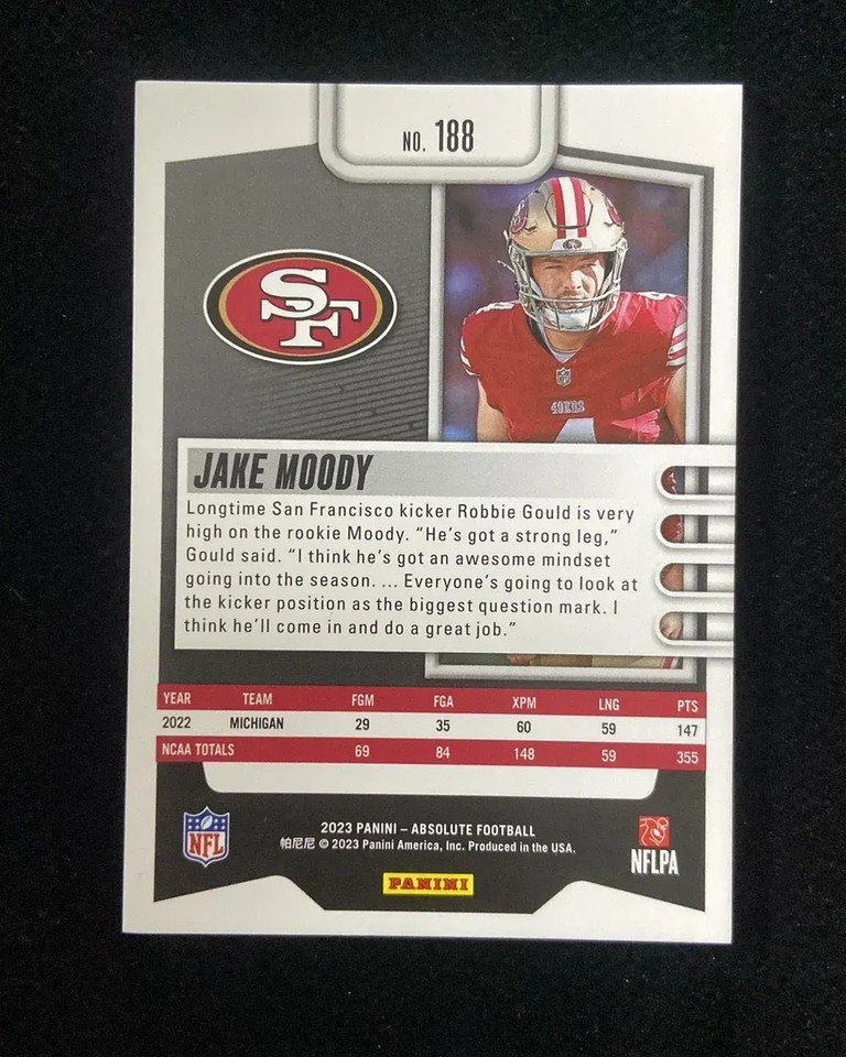 2023 Panini Absolute Spectrum Red #188 Jake Moody RC Rookie 52/100 ...