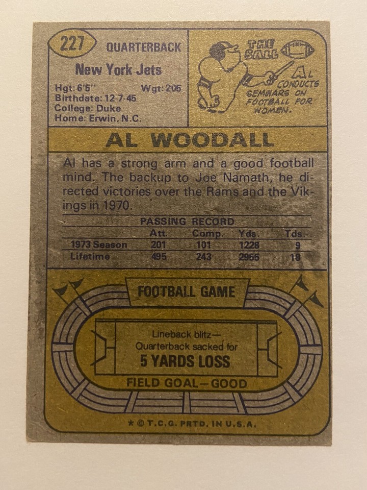 AL WOODALL Hand Signed 1974 Topps #227 NY Jets Duke Blue Devils ...