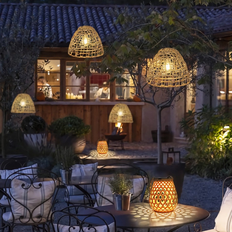 Warm 3000K Solar Hanging Lights for Patio Garden Yard - Rattan/Iron ...