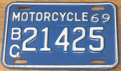 1969 BRITISH COLUMBIA BC MOTORCYCLE LICENSE PLATE 21425 CANADA NICE | eBay