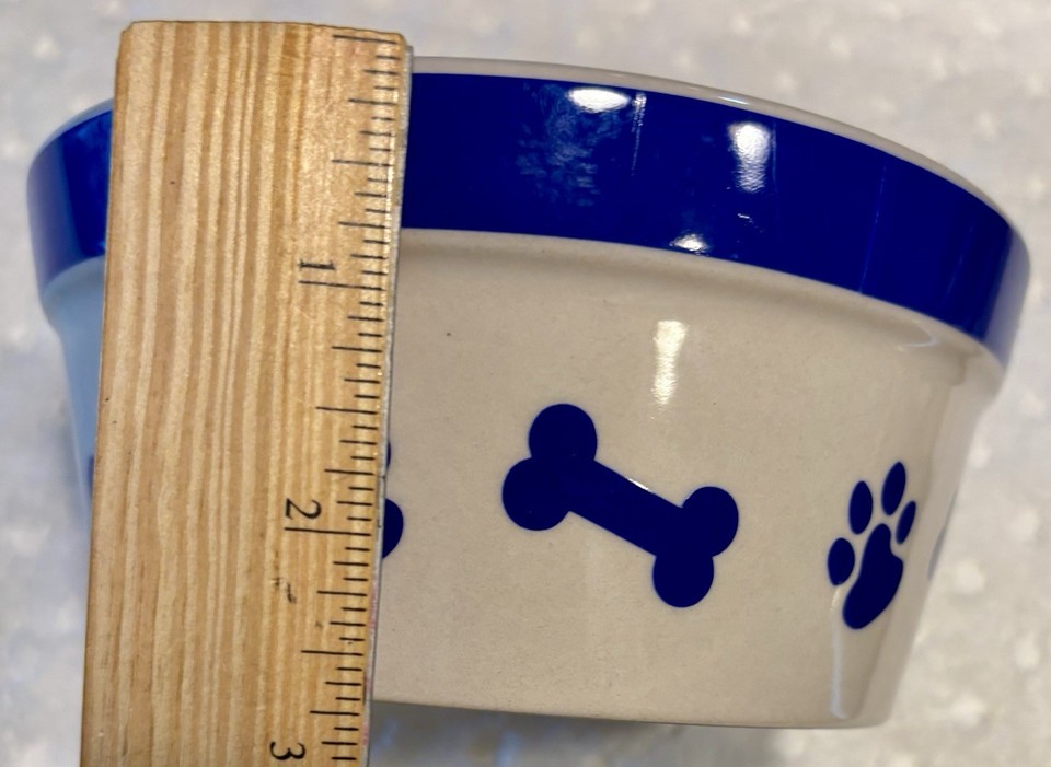 Set 2 Medium 6” Ceramic Dog Bowls w Paw and Bone Prints Heavy Duty ...