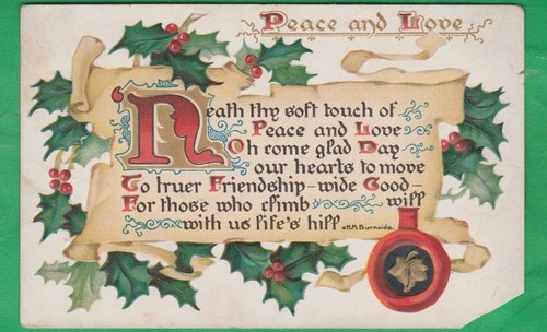 Peace & Love embossed postcard/ holly/ scroll with poem/ wax seal ...