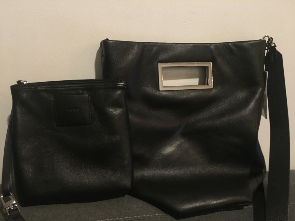 Theory Black Kid Leather Bucket Bag detatchable leather strap and Zip ...