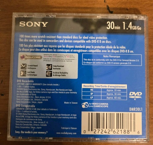 Sony DVD-R Handycam Recordable DVD Single Disc 30 min. 1.4GB Jewel Case ...