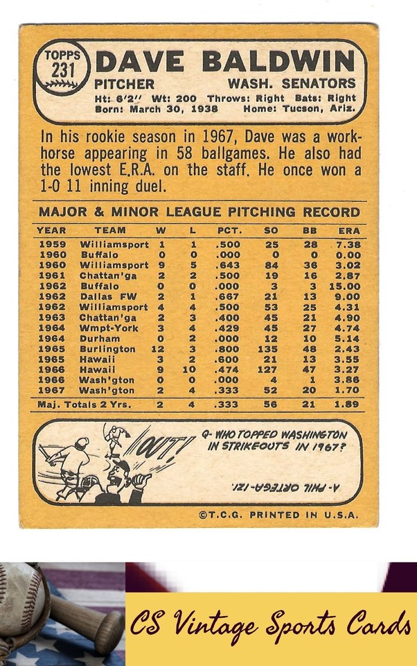 1968 Topps #231 Dave Baldwin | eBay