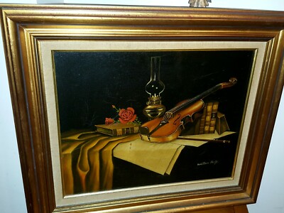 William Bisley Still Life Oil Painting, Violin, books, Lamp, Black ...