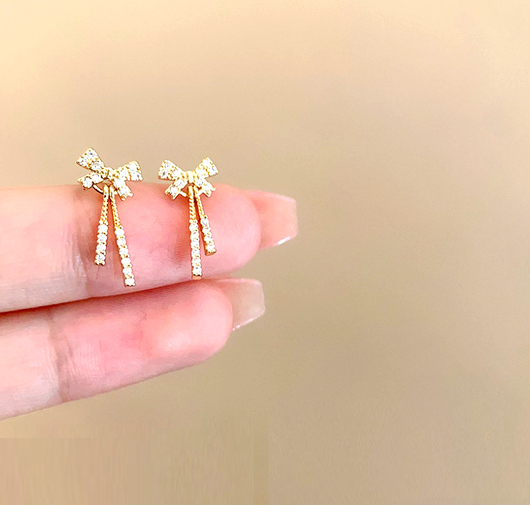 Tiny Gold Bow Knot Pave Cubic Zirconia Dangle Drop Stud Earrings | eBay