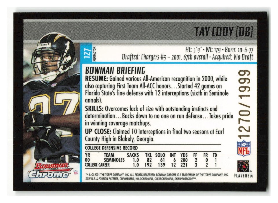 Tay Cody 2001 Bowman Chrome RC SN #/1999 #127-CHARGERS | eBay