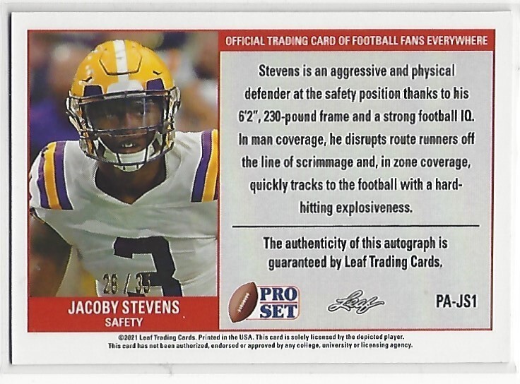 JACOBY STEVENS Autograph Rookie 2021 Pro Set RC Auto 26/35 LSU / Eagles ...