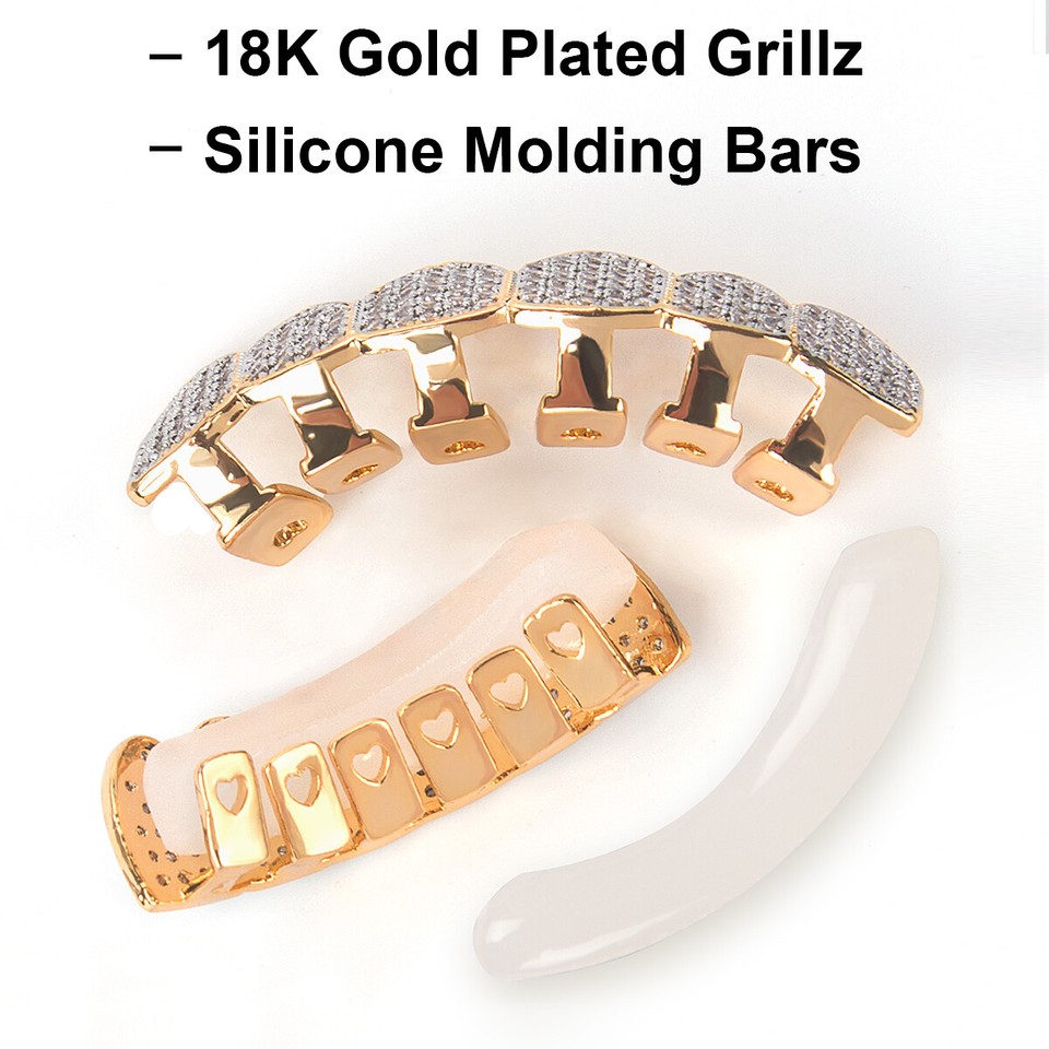 Custom 18K Gold Plated Grillz Hip Hop Teeth Grillz Caps Top & Bottom ...