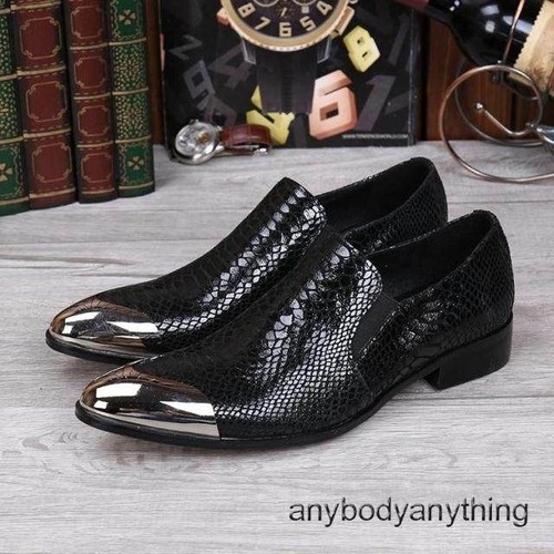 Men's Metal Pointed Toe Snakeskin Dress Shoes Real Leather Slip on ...