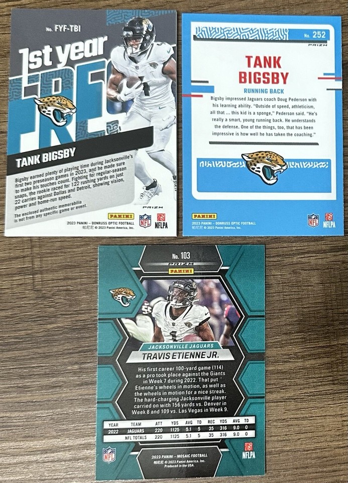 Jaguars RBs 3-card Lot, Travis Etienne Jr. Yellow Mosaic & Tank Bigsby ...