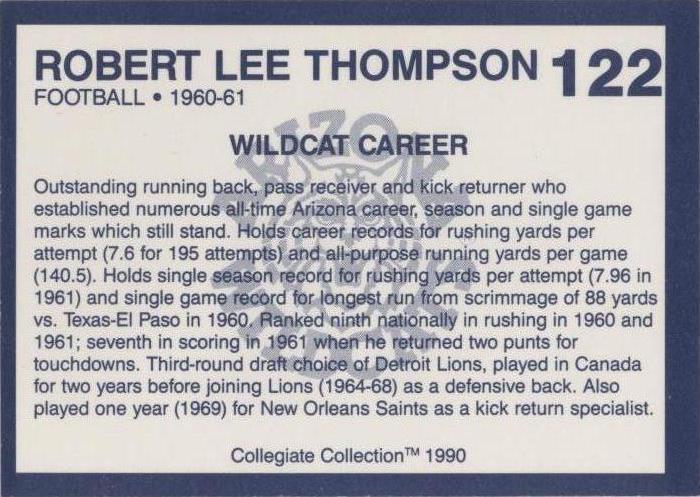 1990 Collegiate Collection University of Arizona Robert Lee Thompson #122 for sale | eBay