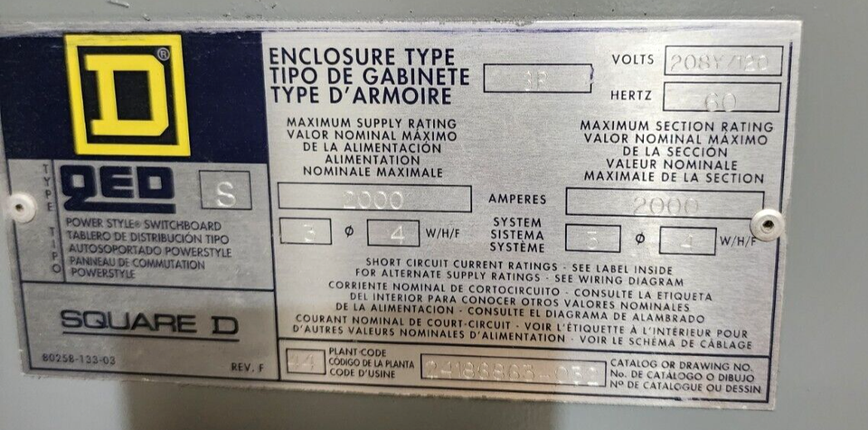 SQUARE D QED 2000 AMP 3 PH 4 WIRE 208/120V 3R SWITCHGEAR | eBay
