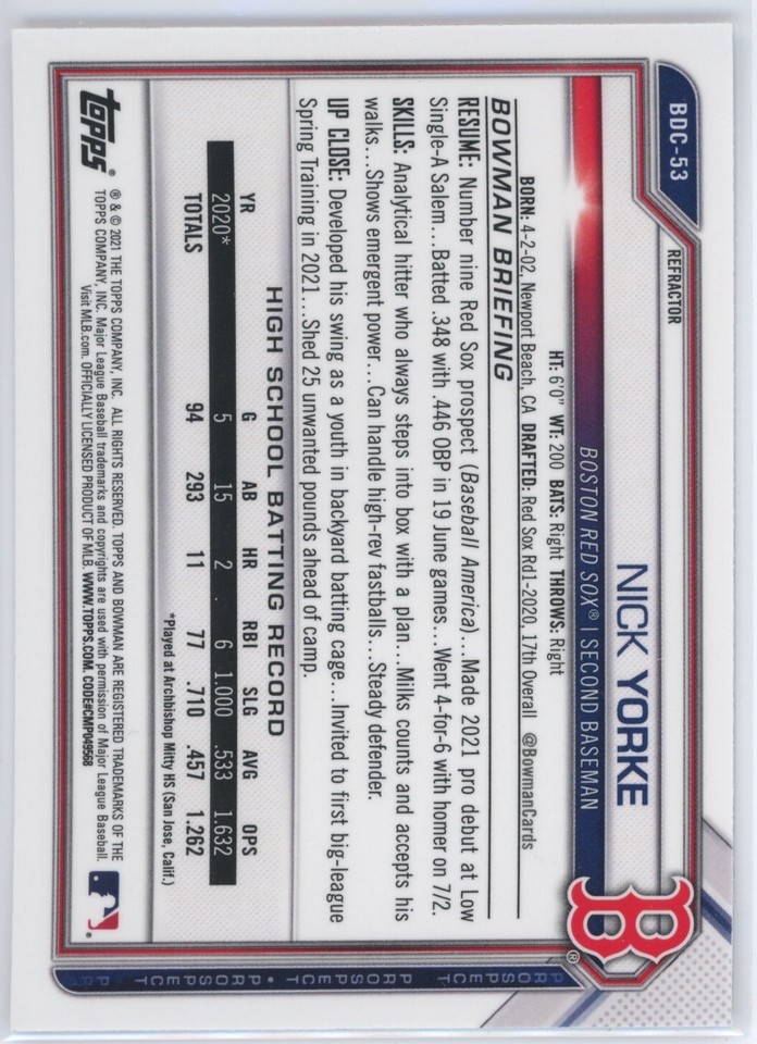 NICK YORKE 2021 BOWMAN CHROME REFRACTOR #BDC-53 QTY | eBay