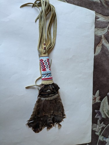 Ceremonial Feather Fan With Hand Beaded Handle Rawhide Leather Thongs ...