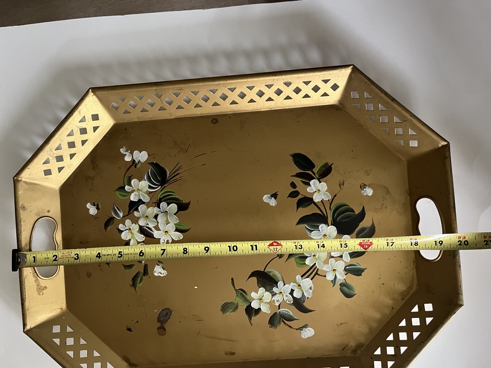 Large Tole Ware Serving Tray Metal Hand Painted Gold White Green ...