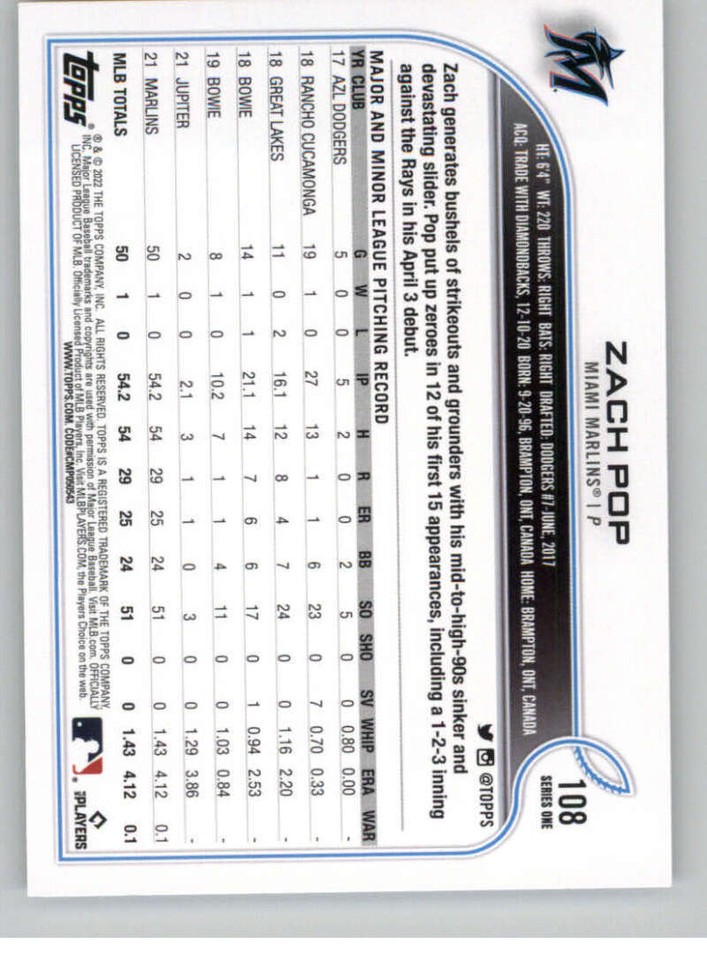 Zach Pop RC 2022 Topps Factory Sets All-Star Game #108 ROOKIE MLB Marli ...