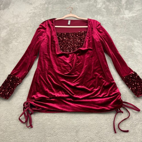 Noracora Velvet Drape Neck Sequin Overlay Top Women L Burgundy ...