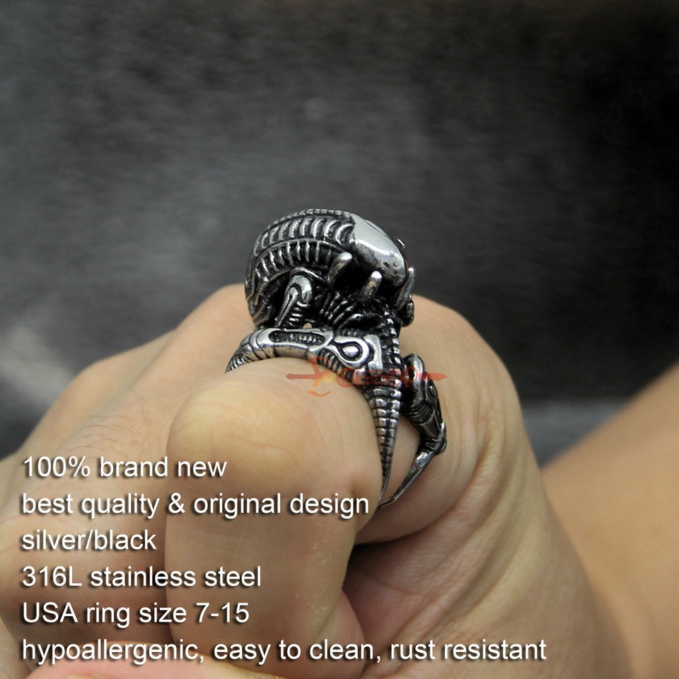 Retro Alien Skull Men's Ring Stainless Steel 3D Predator Rocker Band ...